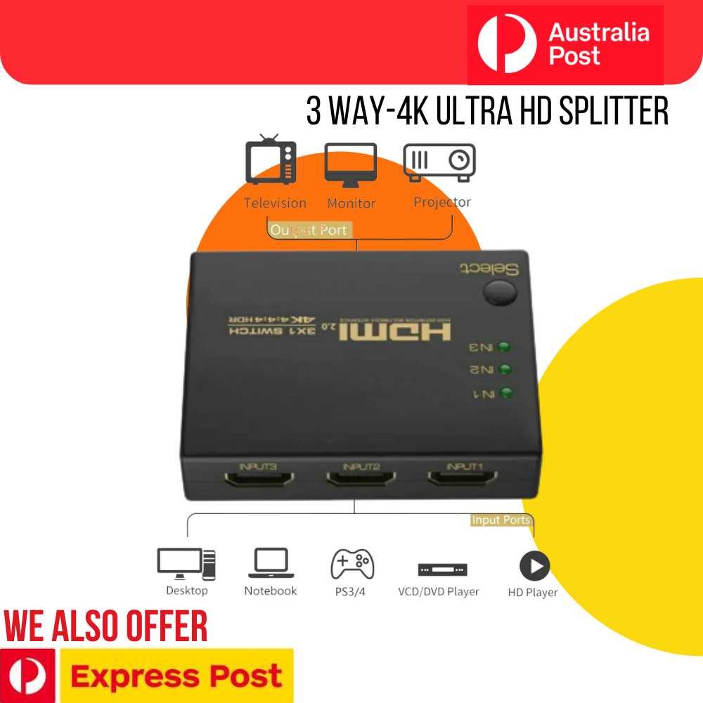4K Ultra HD Splitter 3 Way HDMI Switch HDTV Auto 3 Port IN 1 OUT – One ...